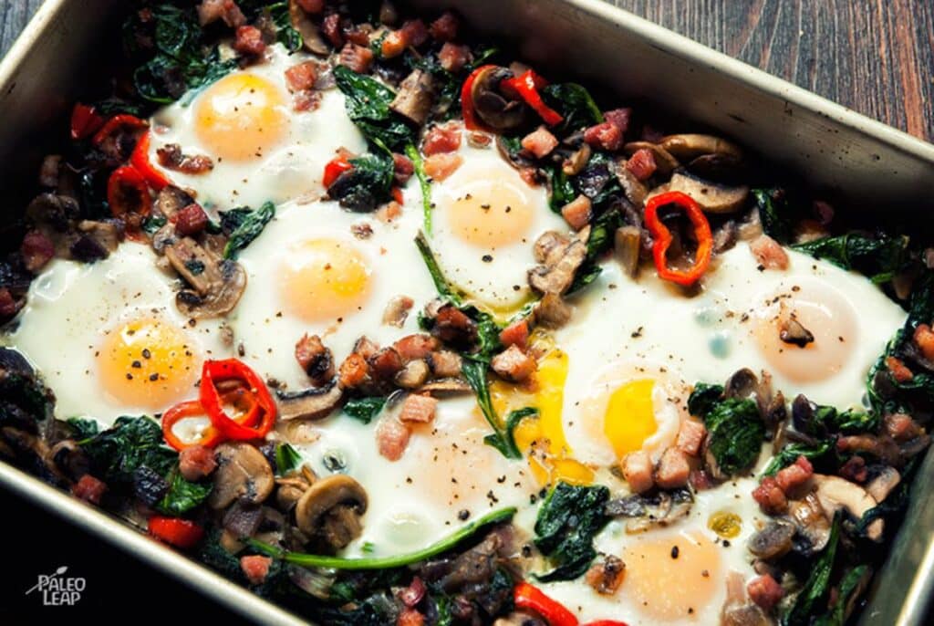 Baked Eggs with Pancetta And Mushrooms Recipe | Paleo Leap